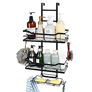 Over the Door Shower Caddy, Hanging Shower Organizer for Bathroom, Shower Storage Rack Shelf with Hooks & Screw Adhesives & Soap Holder, 3 Tier Bathroom Shower Basket, Rustproof No Drilling - Black
