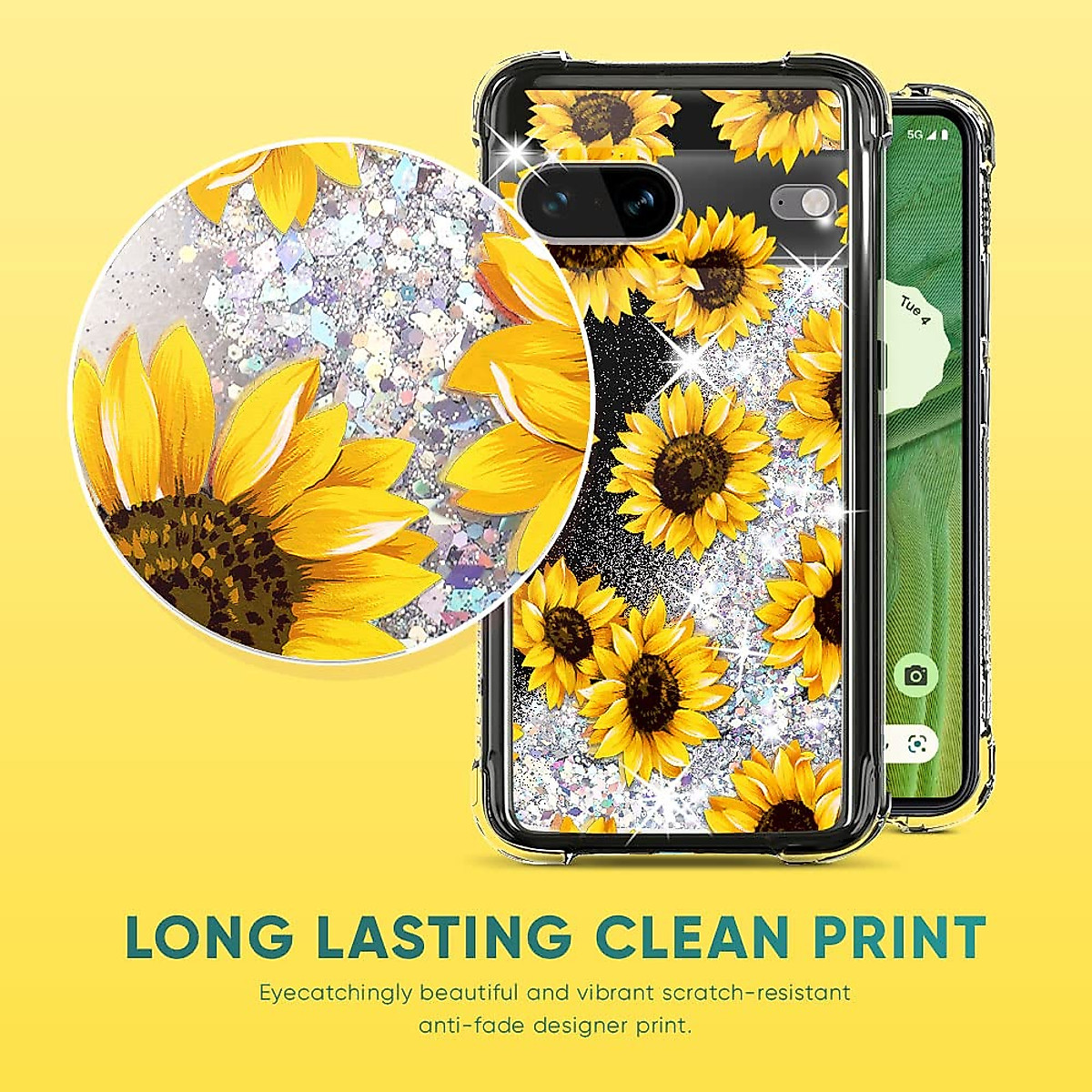 Miss Arts for Pixel 7 Case,Girls Women Flowing Liquid Holographic Holo Glitter Shock Proof Case with Floral Design Bling Diamond Bumper for Google Pixel 7 -Sunflower