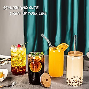 8 Pcs Drinking Glasses with Bamboo Lids and Glass Straw - 16 Oz Can Shaped Glass Cups Beer Glasses Ice Coffee Glasses Cute Tumbler Cup Great for Soda Boba Tea Cocktail Include 2 Cleaning Brushes