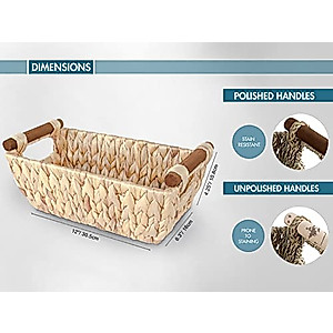 ADO Basics Water Hyacinth Hand Woven Basket, Stain Resistant Polished Wooden Handles Storage Wicker Baskets 12" Length, 6.29" Width, 4.25 Height