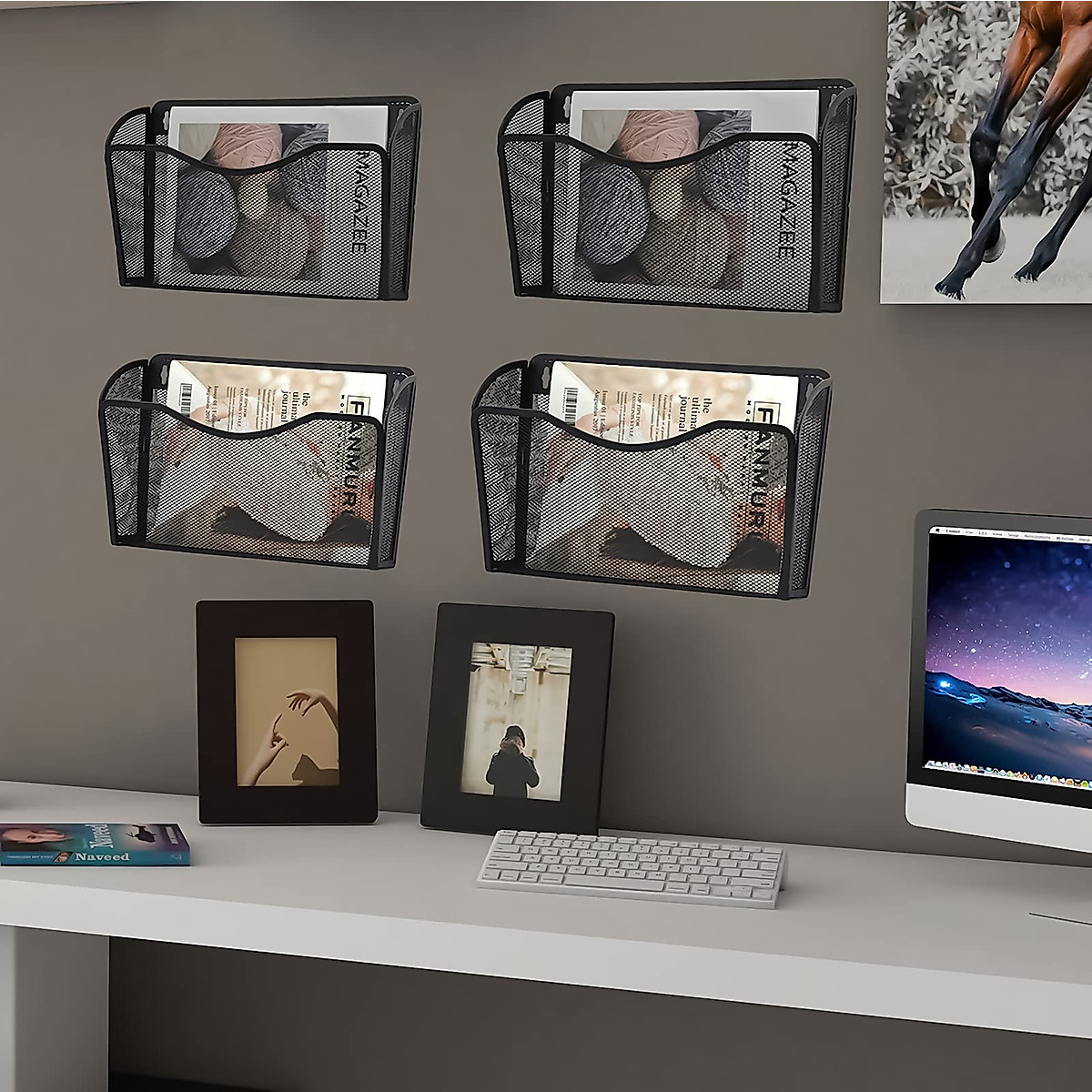 COSYAWN 6 Pack Mesh Wall Mounted File Holder, Metal Hanging Wall Paper Folder Organizers, Single Wall Pockets for Home and Office Black