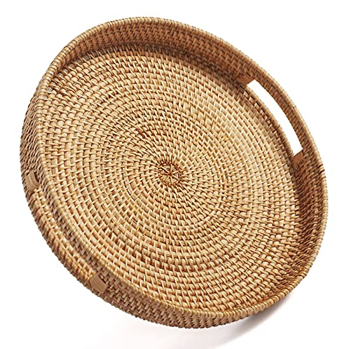DECRAFTS Round Rattan Serving Tray Decorative Woven Ottoman Trays with Handles for Coffee Table Natural (Small 11.8 inch x 2.4 inch)