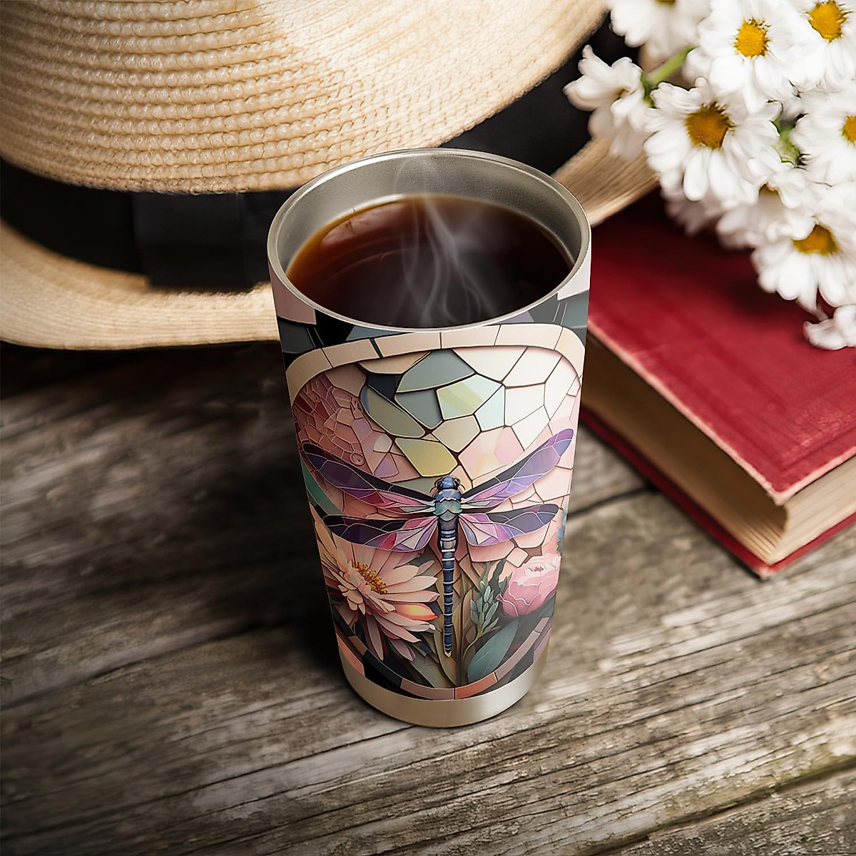 ORCAE 20oz Pink Crystal Stained Glass Flower Dragonfly Tumbler, Gifts for Dragonfly Lovers, Coffee Thermos for Women, Stainless Steel Double Wall Vacuum Insulated Coffee Mug, Travel Cup with Lid - E