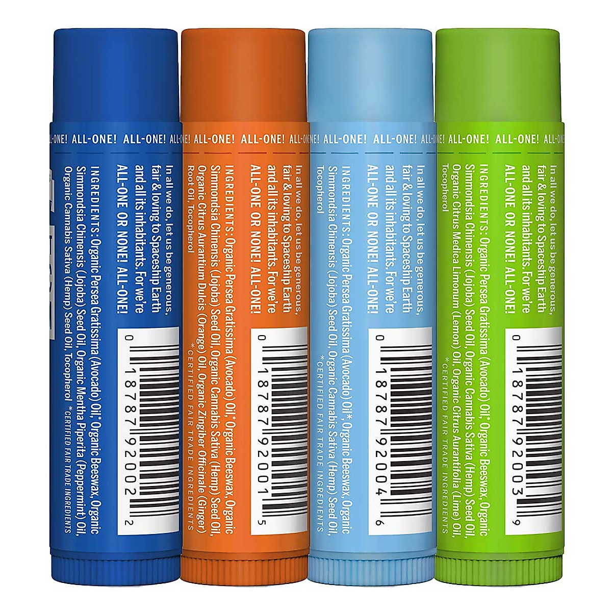 Dr. Bronner's - Organic Lip Balm Variety Peppermint, Orange Ginger, Naked, Lemon Lime) - Made with Organic Beeswax and Avocado Oil, For Dry Lips, Hands, Chin or Cheeks, 0.15 Ounce (Pack of 4)