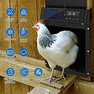 Profey Solar Powered Automatic Chicken Coop Door, LCD Display, 4 Modes, Waterproof, Aluminum Alloy, Remote Control, AA Battery Operated, 9.2x10.7x9.2 inches