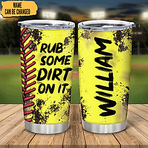 Hyturtle Personalized Softball Tumbler - Rub Some Dirt On It Custom Name Stainless Steel Tumbler 20oz With Lid - Softball Gifts For Mom Women Men Fan Coach Sport Lovers Birthday Mother's Day