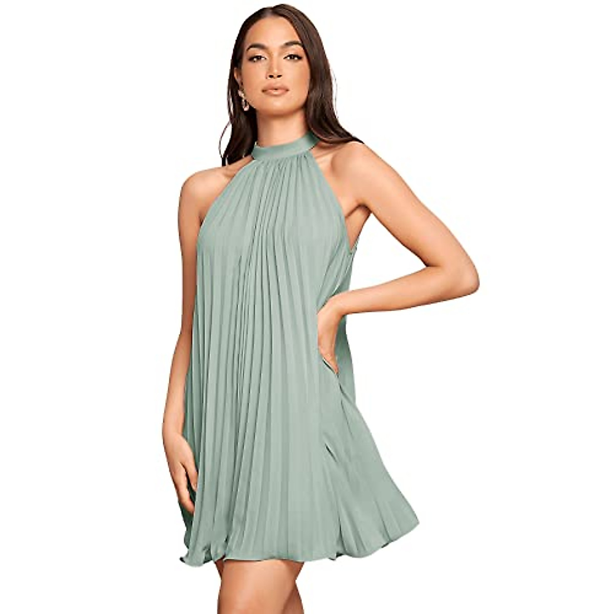 SweatyRocks Women's Sleeveless Tie Back Halter Dress Mini Swing Pleated A-line Skater Dress Green L