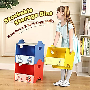 FUNLIO Stackable Wooden Toy Box with Lid (3pcs), 2-in-1 Toy Chest & Stool, Colorful Fruit Design Toy Chest for Boys/Girls, Cute Small Toy Storage Bins for Living Room/Bedroom, Easy to Carry & Assemble
