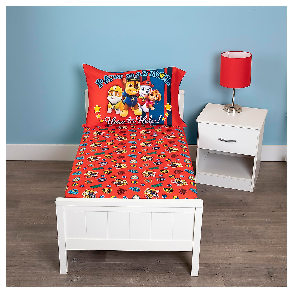 Paw Patrol Sheet Set - Fits Toddler Bed or Crib Mattress - Fitted Sheet and Reversible Pillowcase, Red