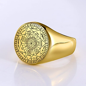 Amaxer Seven Archangels Ring for Men Stainless Steel The Seal Of Solomon Tetragrammaton Archangels Protection Ring Statement Band for Men Women (Gold, 12)