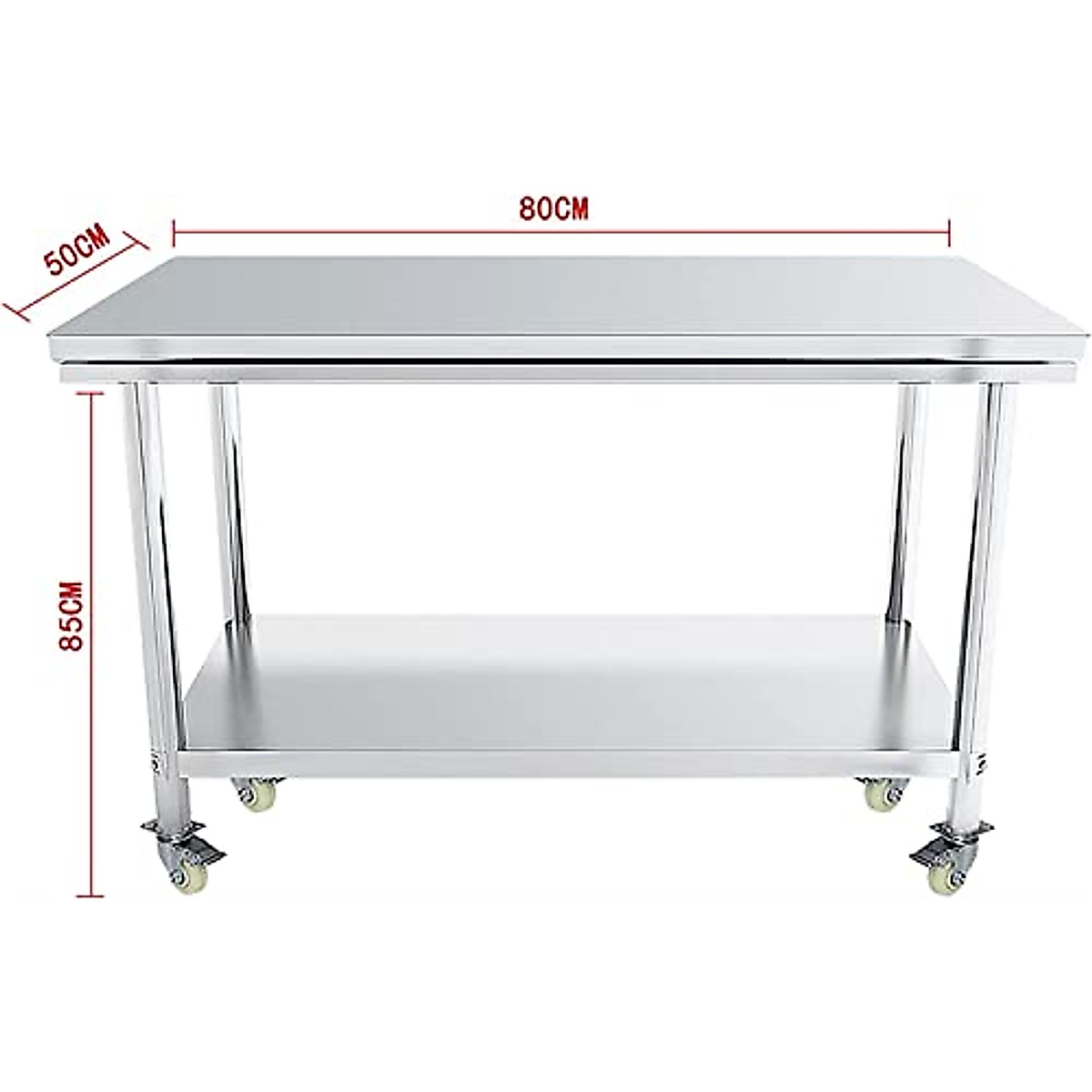Commercial Kitchen Work Catering Table, Stainless Steel Work Table Commercial Workbench Heavy Duty Table with Caster Wheels Undershelf and Galvanized Legs for Restaurant (Size : 80x50x85cm)