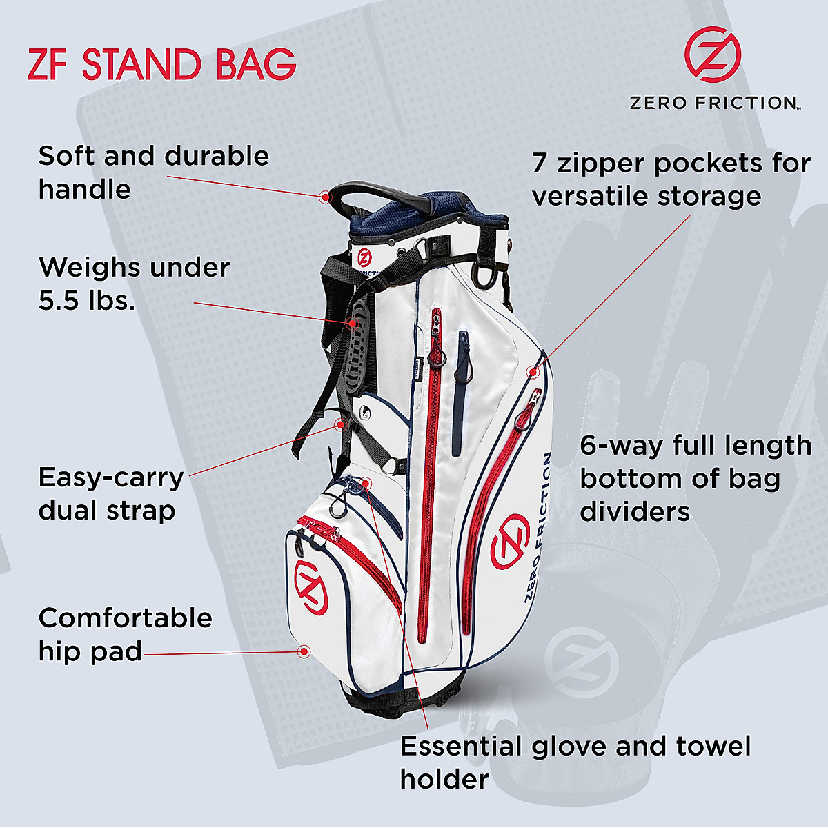 Zero Friction White Golf Stand Bag, Bonus 40" Golf Towel & Men's Universal-Fit Golf Glove Included
