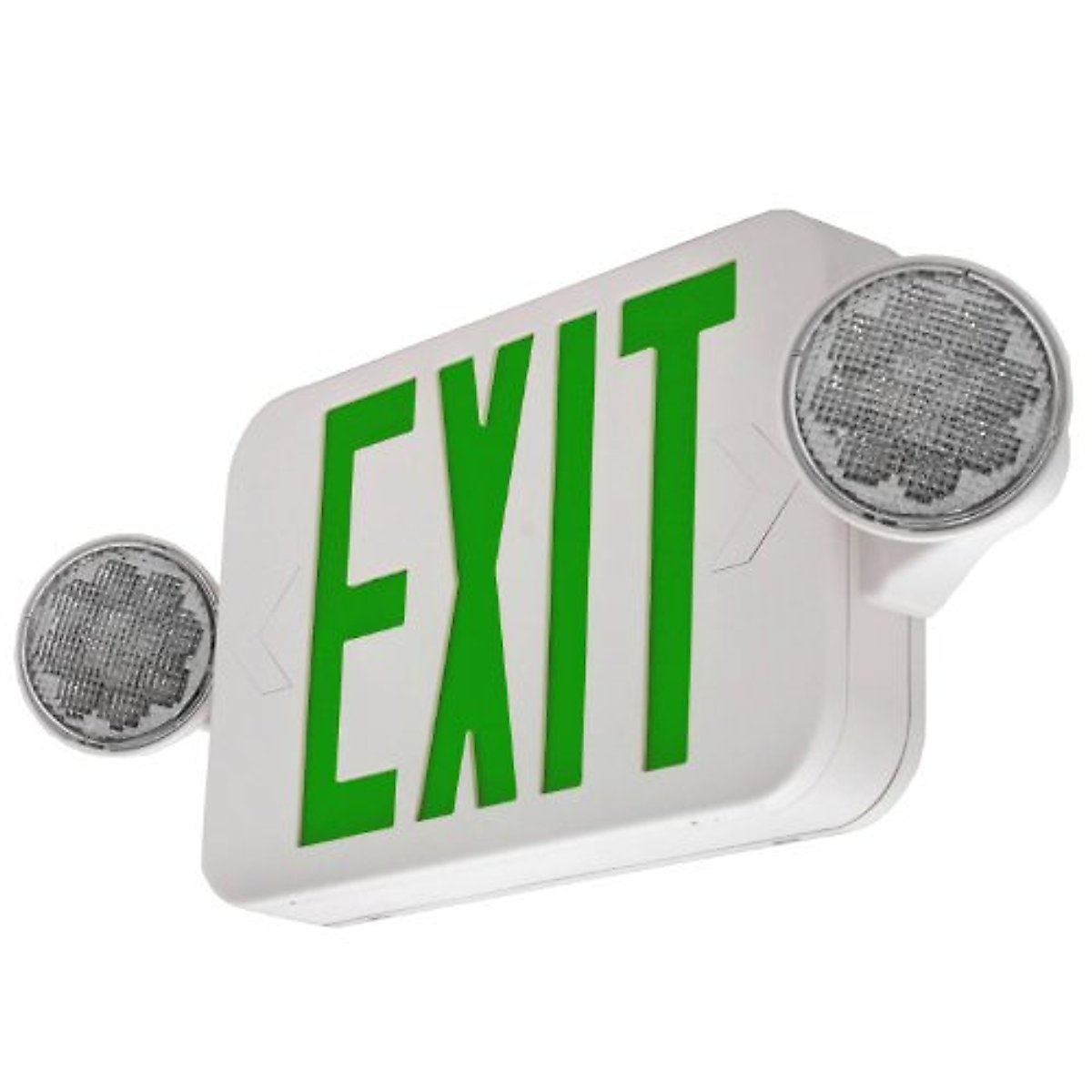 LFI Lights | Combo Green Exit Sign with Emergency Lights | White Housing | All LED | Two Adjustable Round Heads | Hardwired with Battery Backup | UL Listed | (2 Pack) | COMBOJR2-G
