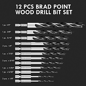 Brad Point Wood Drill Bit Set, 12Pcs Hex Shank Drill Bit Set with Double Flutes Design for Carpenter Woodworking and All Types of Wood (1/8" - 1/2")