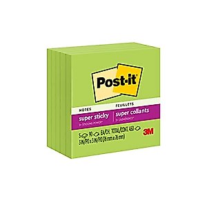 Post-it Super Sticky Notes, 3x3 in, 5 Pads, 2x the Sticking Power, Limeade Green, Recyclable (654-5SSLE)