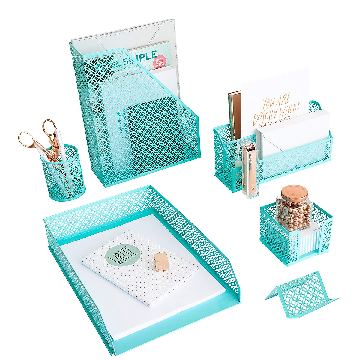 BLU MONACO Aqua - Teal 6 Piece Cute Desk Organizer Set - Desk Organizers and Accessories for Women - Cute Office Desk Accessories - Desktop Organization