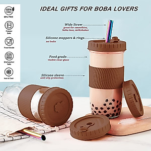 Amyoole 2 Pack Reusable Boba Cup,24Oz Wide Mouth Smoothie Cup,mason Jar Glass Cups with Lids and Straws,Bubble/Boba Tea Cups,Ice Coffee Tumbler 2 colored straws 1 sponge brush(Brown)