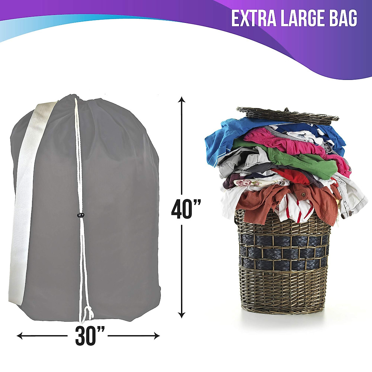 Nylon Laundry Bags, Size: 30" x 40" with Shoulder Strap, Heavy Duty, College, Laundry, Household, Storage. Machine Washable. Made in USA. (Grey, Pack of 2)
