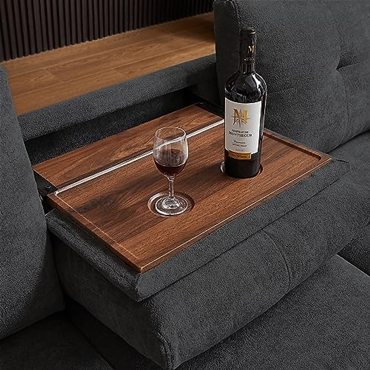 Jarenie Sectional Sofa with Storage and Cupholder, 4 Seat L Shaped Couch with Reversible Ottoman, Wooden Legs, Upholstered Fabric Sofa Couches for Living Room, Apartment, Office (Dark Grey)