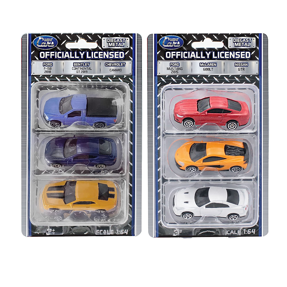 Just For Laughs 6 Diecast Metal Cars, 1:64 Scale Mini Cars, Officially Licensed - Ford F-150, Bentley Continental GT, Chevrolet Camaro, Ford Mustang 2015, McLaren 600LT, Nissan GT-R (R35)