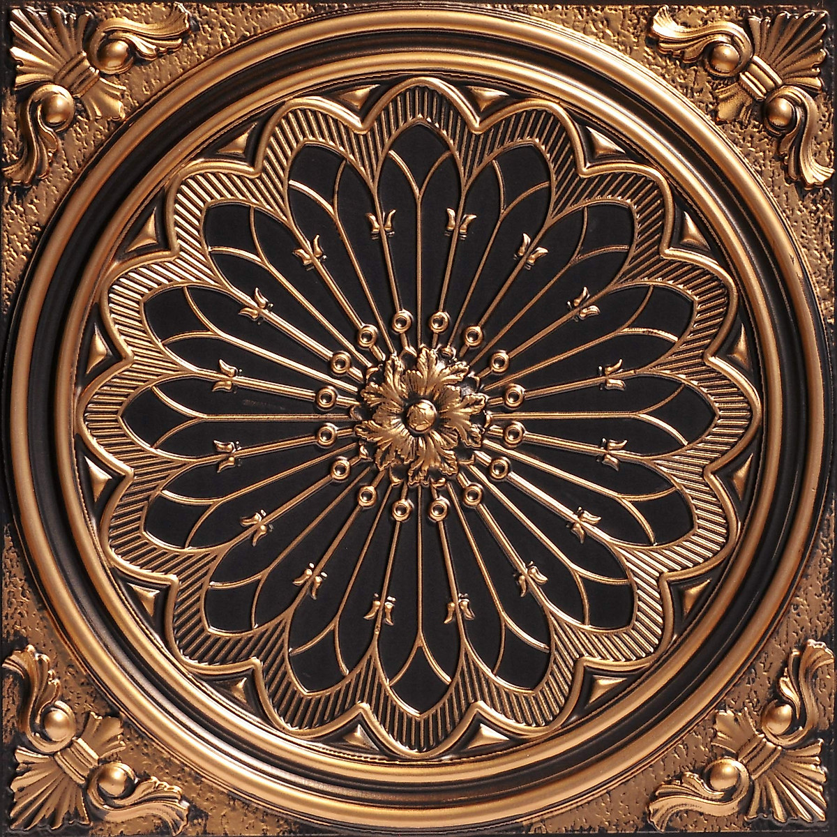 From Plain To Beautiful In Hours 238ag-24x24-25 Rose Window PVC 2' x 2' Lay-in or Glue-up Ceiling Tile, Pack of 25, Antique Gold, 25 Piece