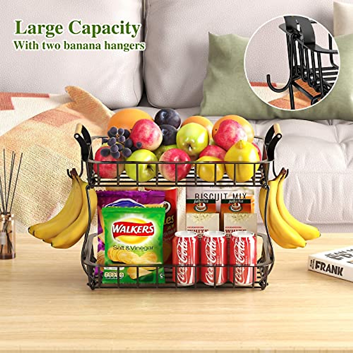 OKZEST 2 Tier Fruit Basket with 2 Banana Hangers, Vegetable Fruit Basket Bowl for Kitchen Countertop, Metal Fruit Storage Stand Holder Organizer for Bread Snack Potato Onion Produce
