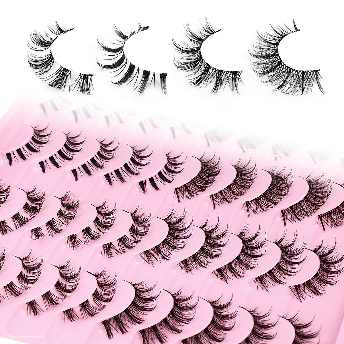 Manga Lashes Natural Look Anime False Eyelashes 20 Pairs Clear Band Individual Wispy Fake Eyelashes Strip Spiky DIY Cluster Lashes Extension C Curl Cat Eye Lashes Pack