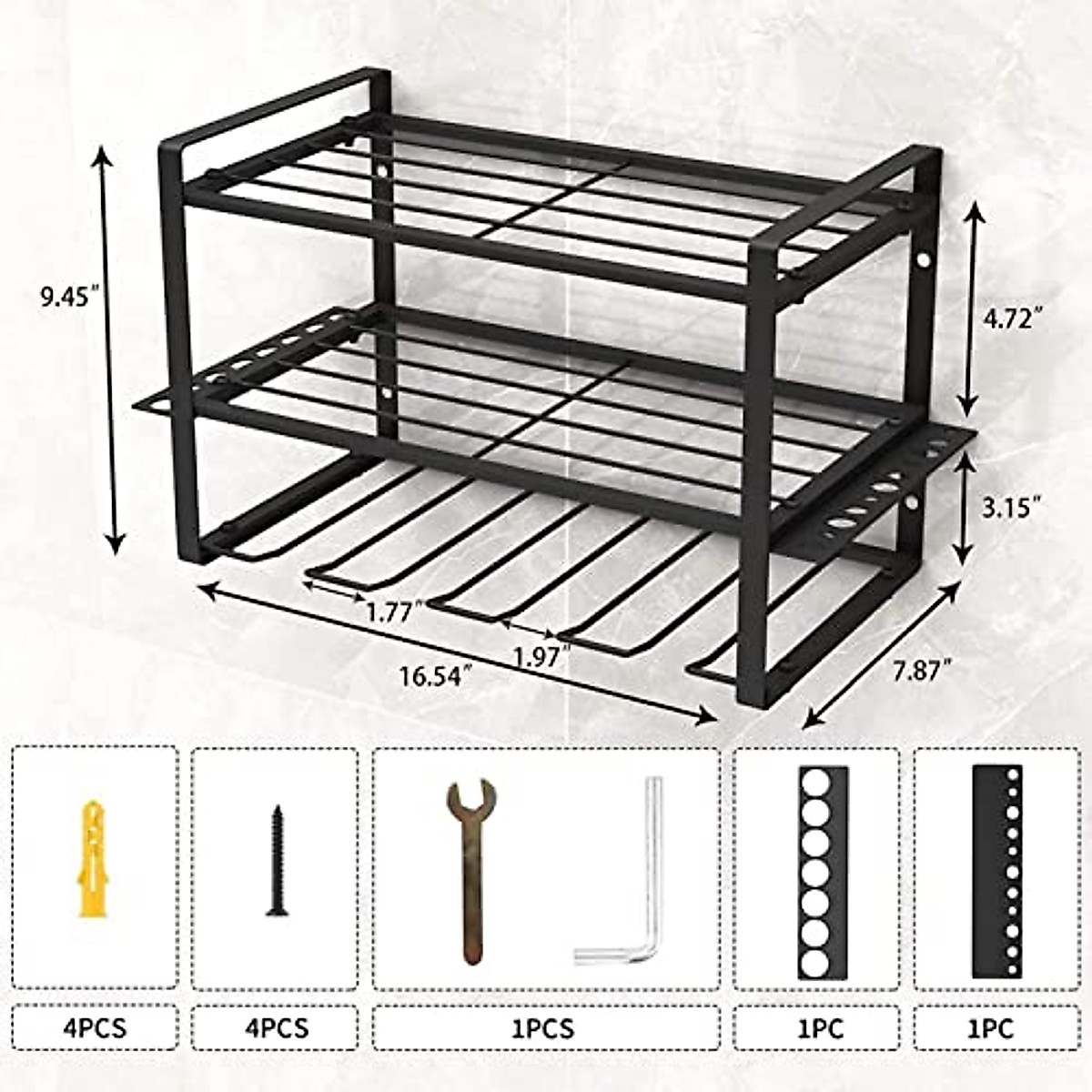 Heavy Duty Floating Tool Shelf Power Tool Organizer Garage Tool Storage Shelf Drill Holder 3 Layers Wall Mounted Storage Rack with Screwdriver Holder Black Suitable for Garage/Workshop