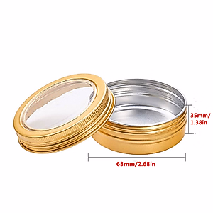 Healthcom 15 Pack 3 Oz Clear Window Round Aluminum Tin Cans Screw Top Metal Lid Aluminum Tin Jar Empty Lip Balm Tin Cans Cosmetic Storage Jars for Spices Candles Candies Gifts Arts Crafts,90ml(Gold)