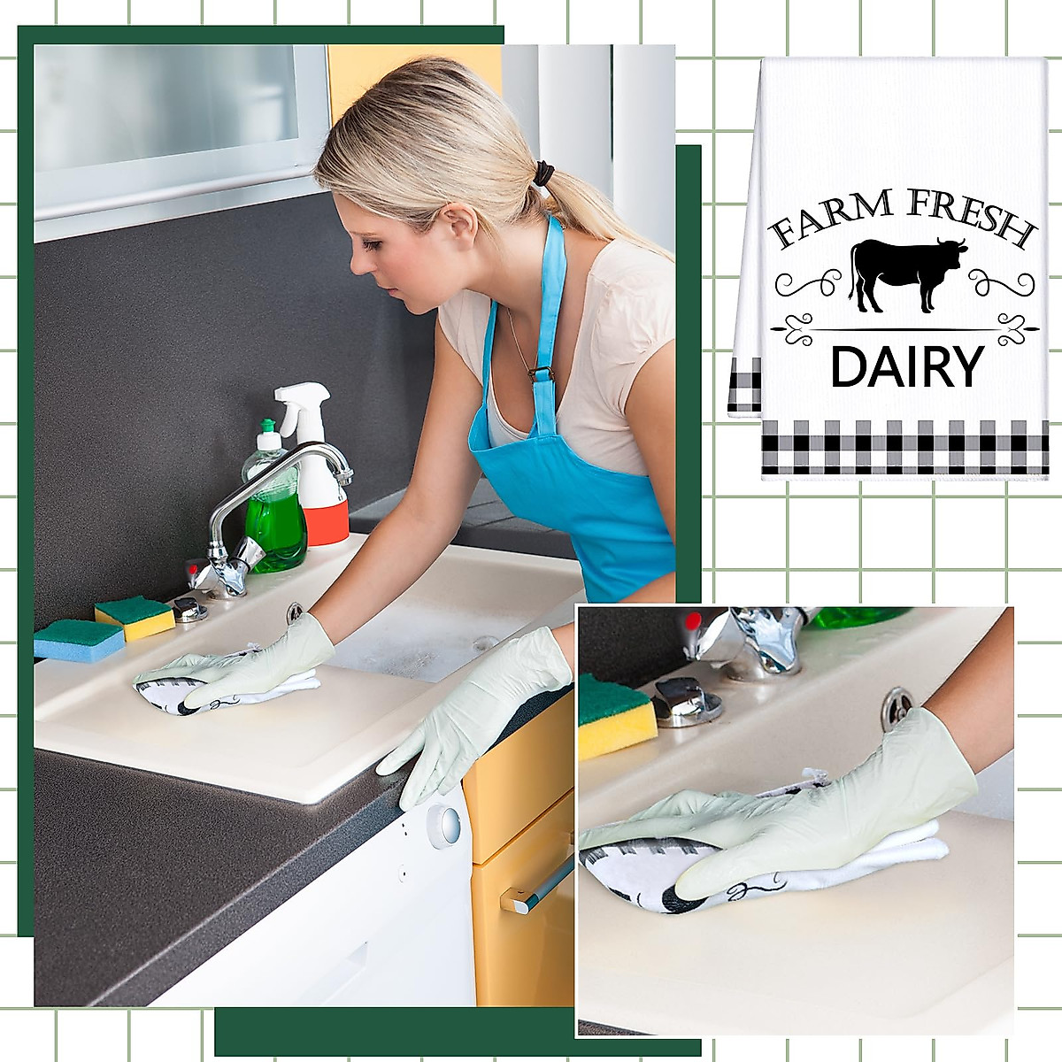 Geyoga 4 Pcs Farm Chicken Kitchen Towels Farmhouse Vintage Buffalo Plaids Dish Towel Rustic Rooster Pig Cow Cloths Hand Towels 16 x 24 Inch Tea Towel for Christmas Bathroom (White, Black,Farm)