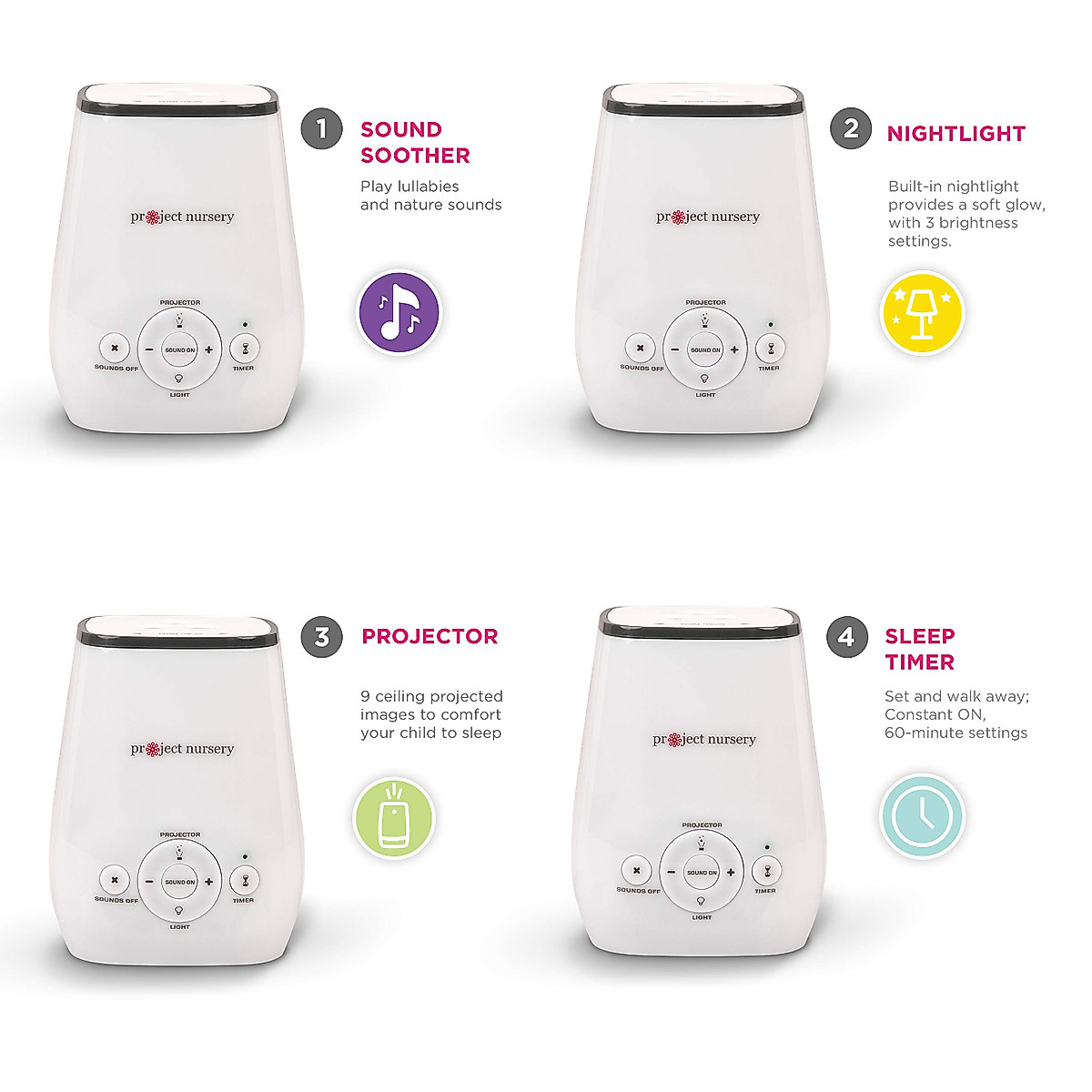 Project Nursery Portable and Table Top Sleep Soother, White Noise Sound Machine and Night Light, 4-in-1 Sound Soother with Projector, Nightlight and Timer
