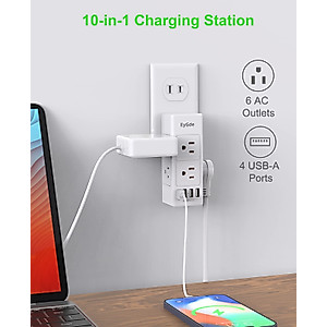 2 Prong Power Strip with Rotating Plug, EyGde Multi Plug Outlet Extender, Multiple Outlet Splitter(3 Sided 6 Sockets) and 4 USB Ports, Wall Adapter Surge Protector (1700J) for Travel, Office, White