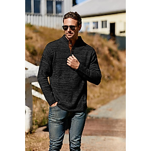 Aoysky Men's Stand Collar Sweater Thermal Button Pullover Sweater Tops Henley Knit Sweaters Black