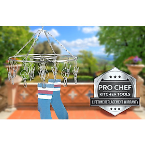 Pro Chef Kitchen Tools Clothes Drying Rack - Round Clothing Racks - Laundry Portable Clothesline Includes 18 Metal Clothespins Hanger Clips Set - Baby Clothes Storage Closet - Herb Hanging Air Dryer