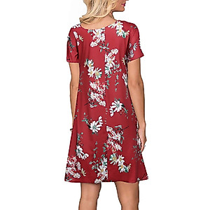 FZ FANTASTIC ZONE Women's Casual Summer T Shirt Dresses Short Sleeve Swing Dress with Pockets Floral Wine Red