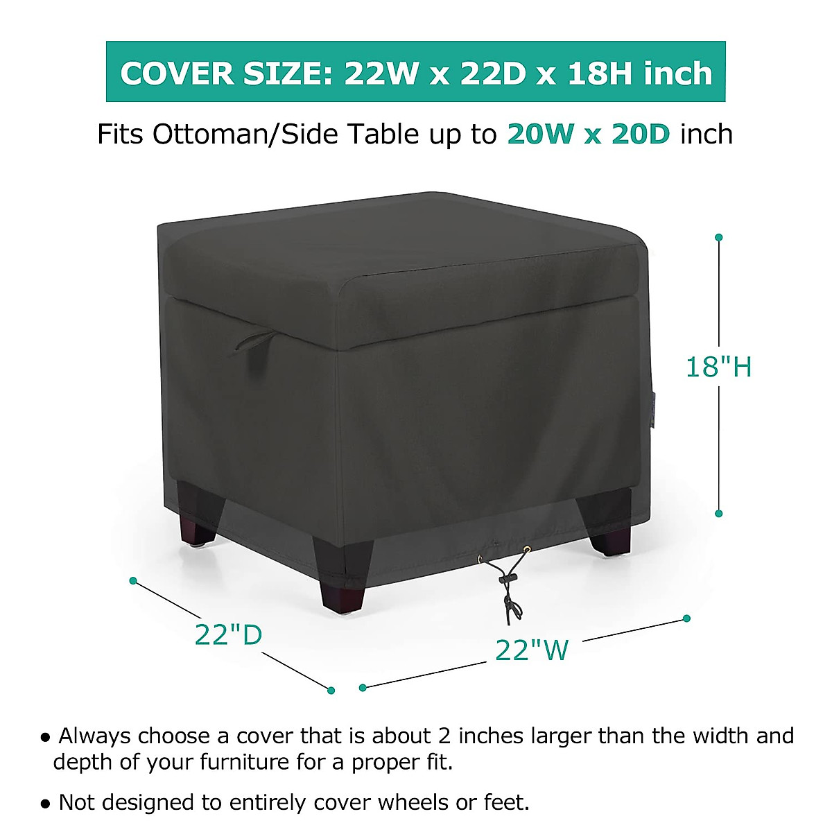 SunPatio Outdoor Ottoman Cover, Waterproof Square Coffee Table Cover, Patio Furniture Covers Side Table Cover, All Weather Protection, 22W x 22D x 18H, Black