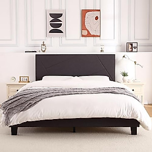 Queen Size Bed Frame with Adjustable Upholstered Headboard, Platform Bed Frame with Linen Fabric Wrapped,No Box Spring Needed, Fully Upholstered Mattress Foundation, Easy Assembly, Dark Grey