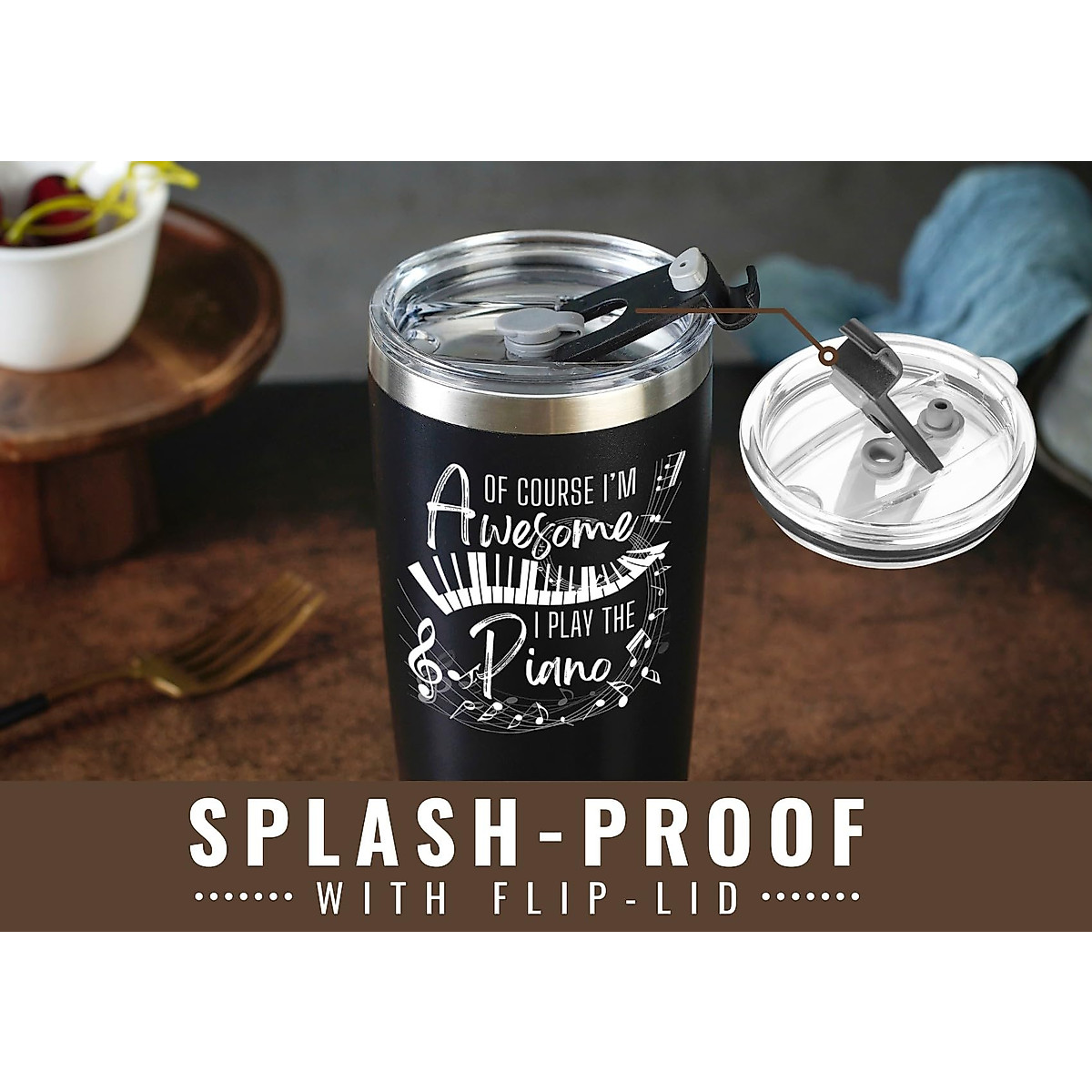 Onebttl Piano Gifts for Piano Players for Men, Women, Piano Teacher and Piano Lovers, 20oz/590ml Stainless Steel Insulated Tumbler Coffee Mug with Straw & Lid - I Play the Piano