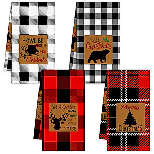 Frienda 4 Pack Christmas Kitchen Towels Buffalo Plaid Red and Black Christmas Dish Towel Winter Xmas Tea Towel Farmhouse Merry Christmas Kitchen Decor for Holiday Cooking Baking, 16 x 24 Inch