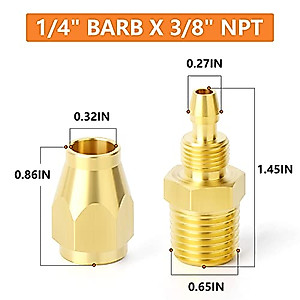 GASHER 5PCS Brass Pneumatic Replacement Fitting, Reusable Hose End Repair Fitting 1/4" Barb（Suitable for 1/4" ID，5/16" OD air hose) x 3/8" NPT Rigid