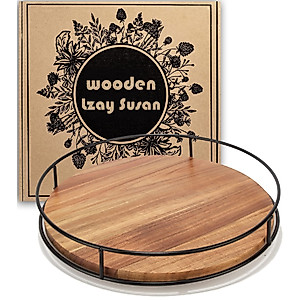12" Acacia Wood Lazy Susan Turntable, Tomoaza Kitchen Organizer Turntable with Steel Sides, 360 Degree Turntable for Countertop Cabinet or Dining Table(Black)