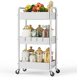 LEHOM 3 Tier Rolling Utility Cart, Metal Trolley Cart with Wheels, Hooks, Easy Assembly Organizer Storage Cart for Bathroom, Kitchen, Office, Bedroom(White)