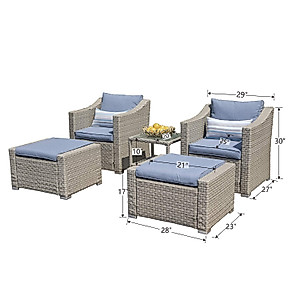 COSIEST 5-Piece Outdoor Furniture Lounge Set Warm Gray Wicker Sectional Sofa w Thick Cushions, Glass-Top Table, 2 Ottomans, 2 Pillows for Garden, Pool, Backyard (Blue)