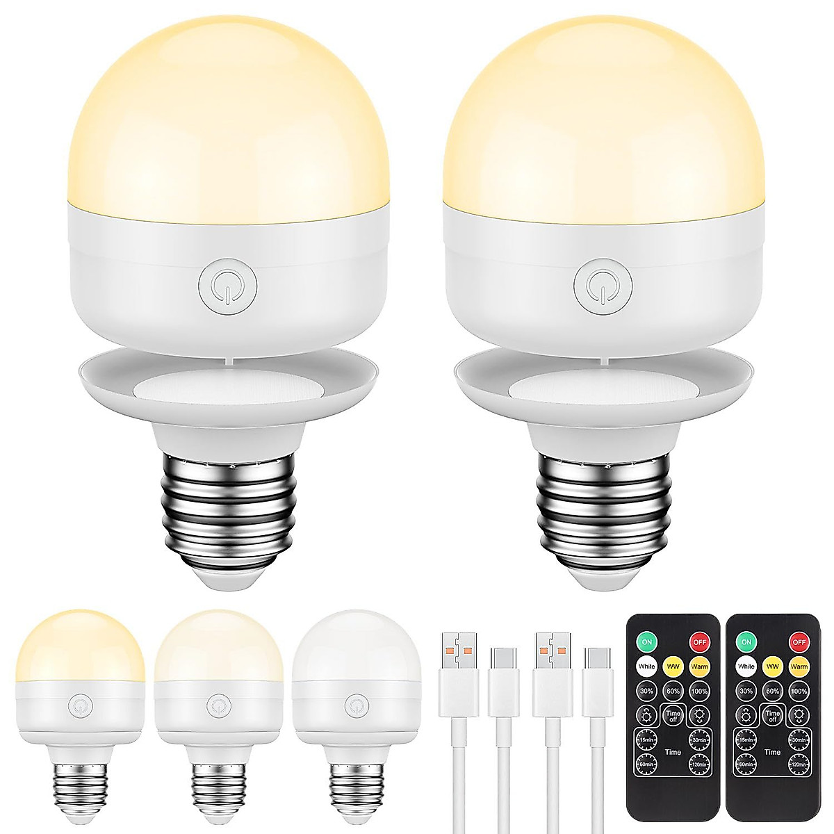 SCOPOW 2Packs E26 Rechargeable Light Bulbs with Remote Control Timer and 3 Color Temperature Magnetically Battery Operated Light Bulbs Dimmer for Non-Hardwired Detachable (5W+E26+3Colors+2PC)