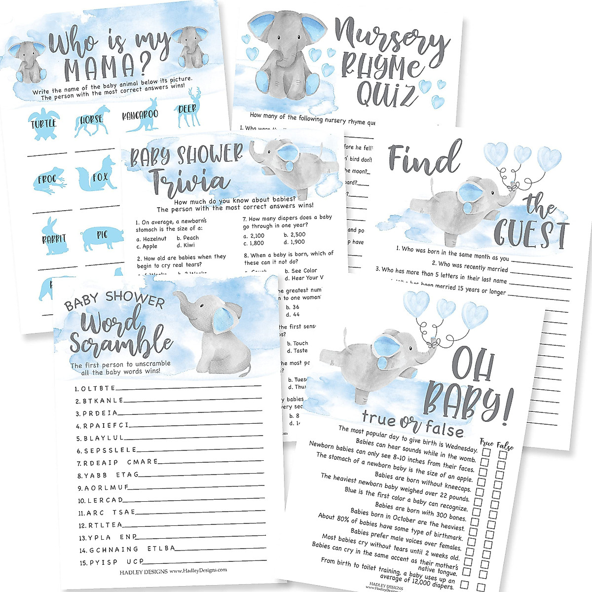 25 Elephant Word Scramble For Baby Shower, 25 True Or False Game, 25 Trivia Game, 25 Find The Guest, 25 Baby Animal Matching, 25 Nursery Rhyme Game - 6 Double Sided Cards Baby Shower Ideas