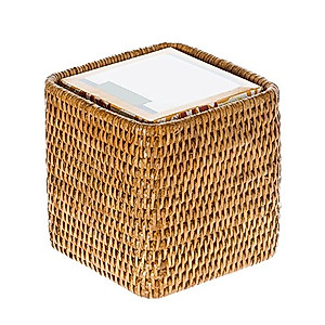 Kouboo La Jolla Rattan Round Waste Basket with Lid & Plastic Insert, 2 Gallon Woven Wastebasket & Home Decor, Honey Brown & 1030055 La Jolla Rattan Square Tissue Box Cover, 5.5" x 5.5" x 5.75"