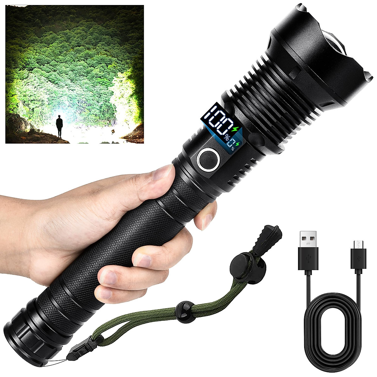 Rechargeable LED Flashlights High Lumens: 900,000 High Lumen Flash Light with Digital Display & 5 Modes, IPX7 Waterproof, 10000mAh, Bright Flashlight for Home, Camping, Emergency