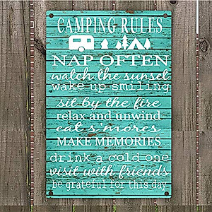 Camping Rules Vintage Retro Metal Sign wall art 8” x 12”, decoration hunting camper room