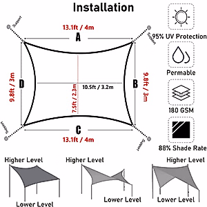 Neween Sun Shade Sail 10' x 13' Rectangle UV Block Sail Shade Canopy Cover, 180 GSM Permeable Outdoor Backyard Shade Sail Pergolas Top Sunshade Cover for Garden Patio Playground, Gray