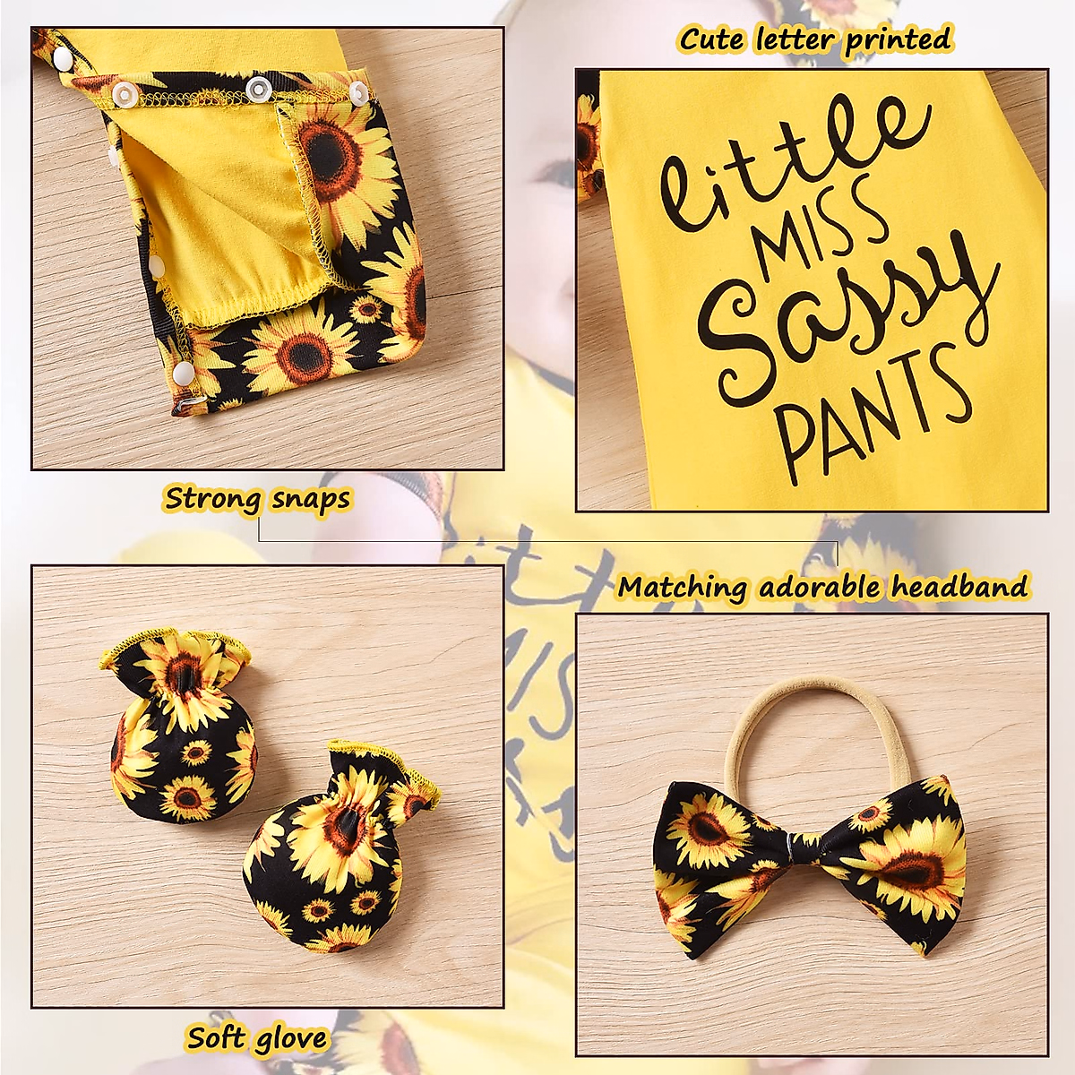 HINTINA Preemie Premature Baby Girl Sunflower Floral Romper Little Miss Sassy Pants Jumpsuit Outfits Spring Summer Clothes Set Yellow